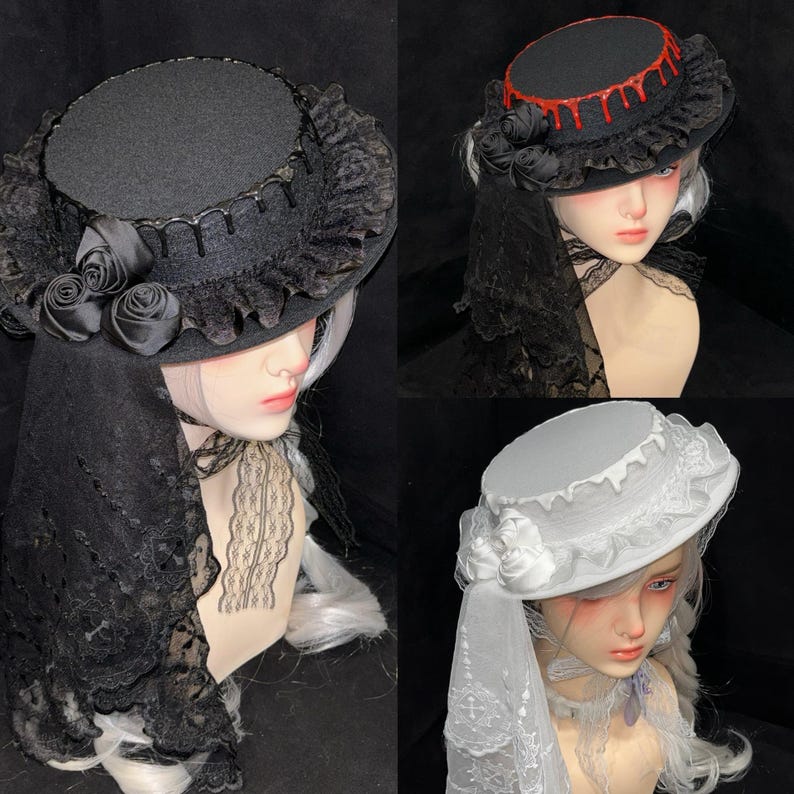Vintage Flat-top Hat With Long Lace Veil and Satin Rose Accent - Etsy