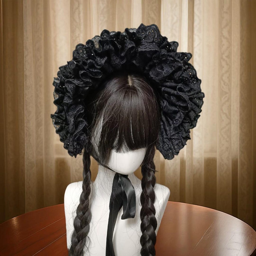 Black Lace Lolita Bonnet With Removable Wire for 2-way Wear, Handmade ...