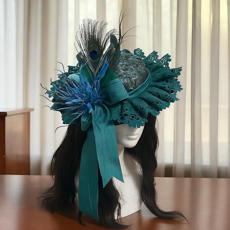 Peacock Feather Wide Brim Hat – Teal Lace Vintage Style Bonnet - Etsy