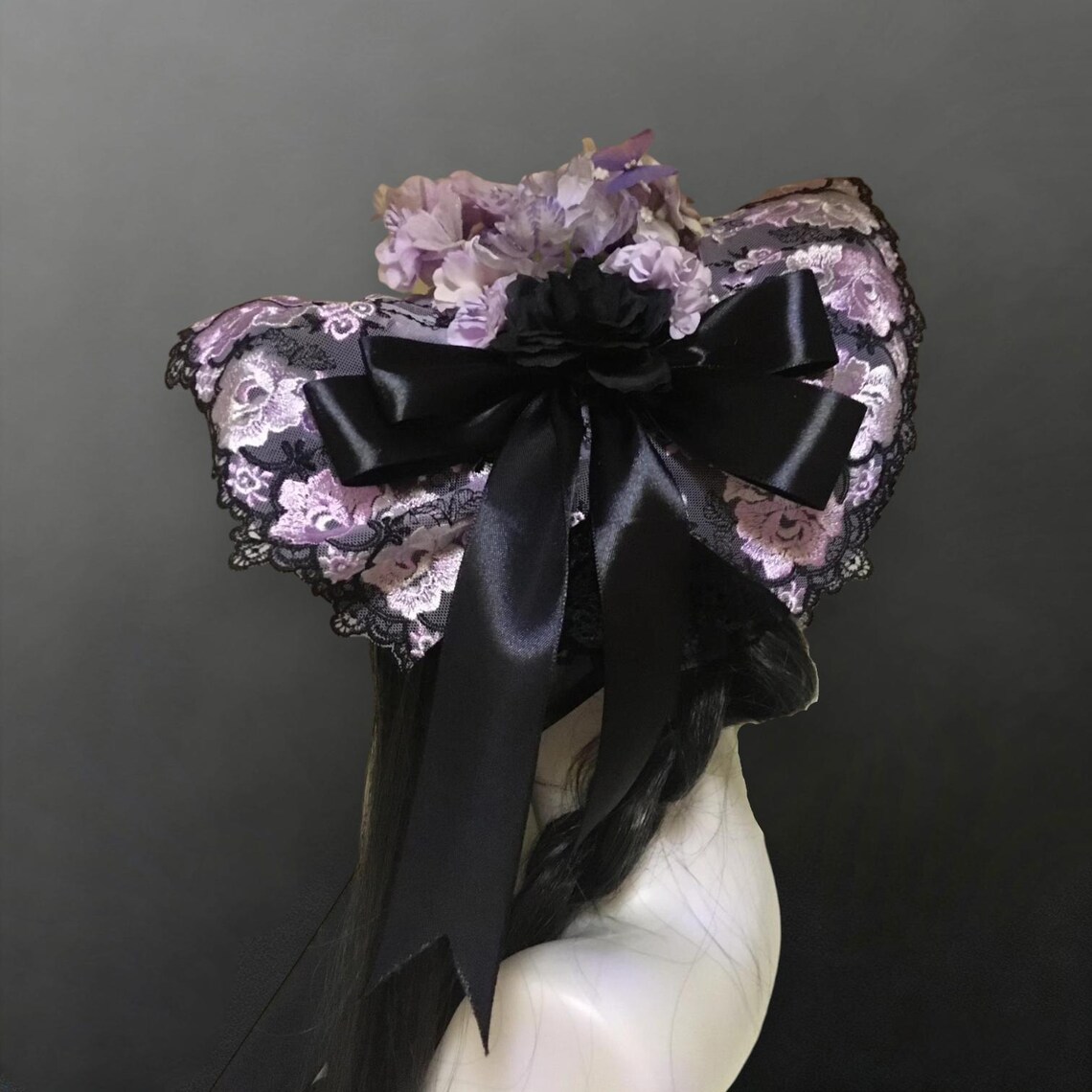 Handmade Gothic Lolita Bonnet in Black and Purple, Elegant Lace and ...