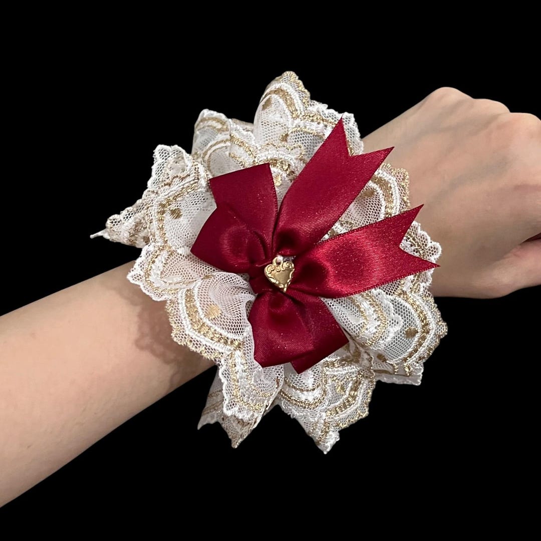 Soft Red Gold Lace Wrist Cuff With Sparkly Bow and Elegant Handmade ...