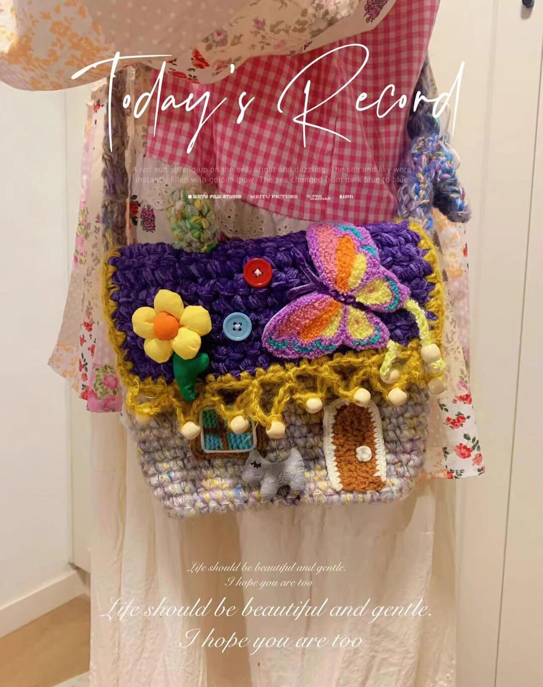 Handmade Crochet House Crossbody Bag With Butterfly Detail, Adjustable ...