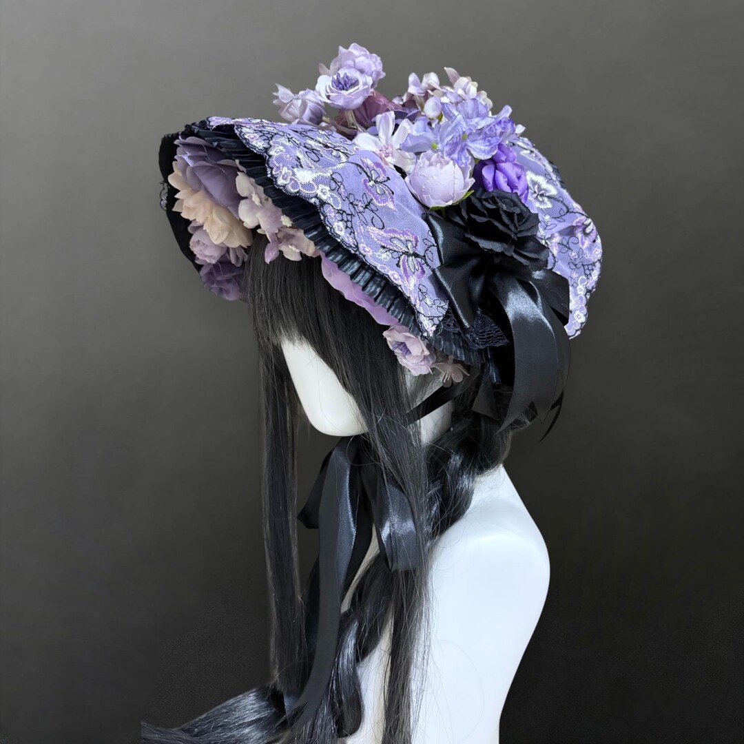 Handmade Gothic Lolita Bonnet in Black and Purple, Elegant Lace and ...