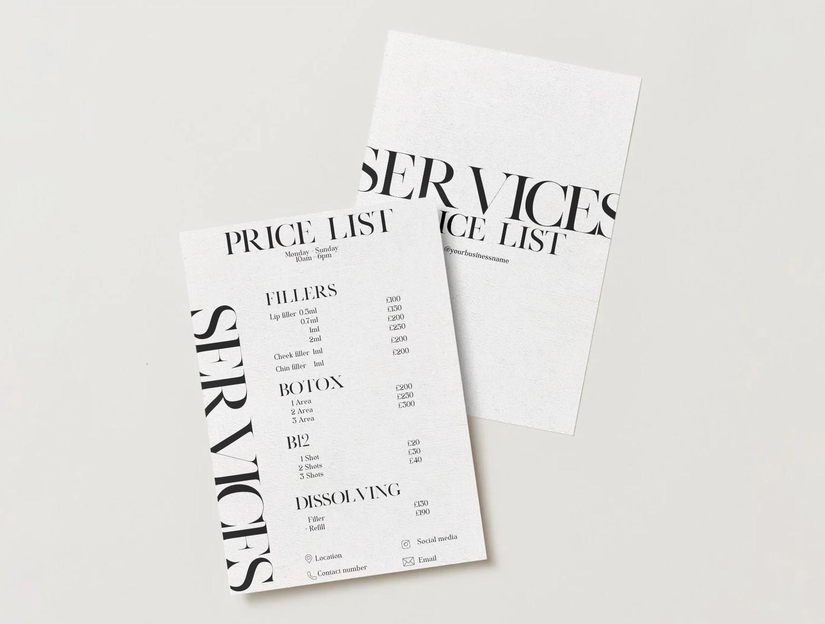 Price List Template Digital Instant Download Cream and Black Classy ...