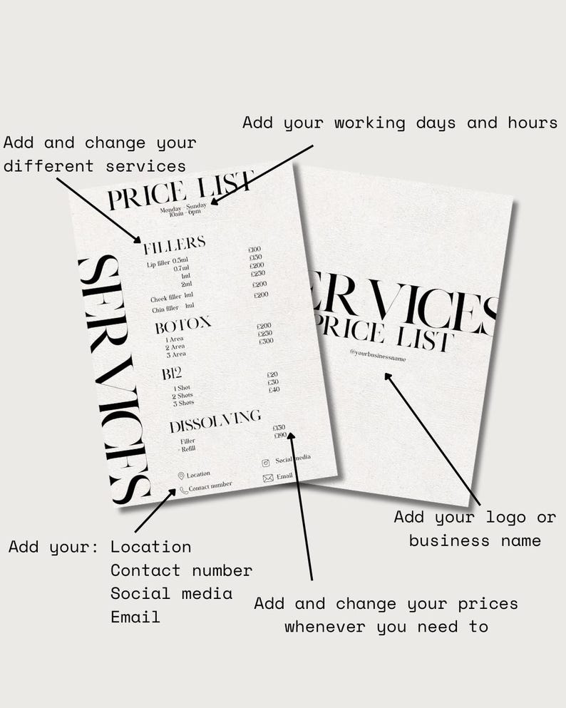 Price List Template Digital Instant Download Cream and Black Classy ...