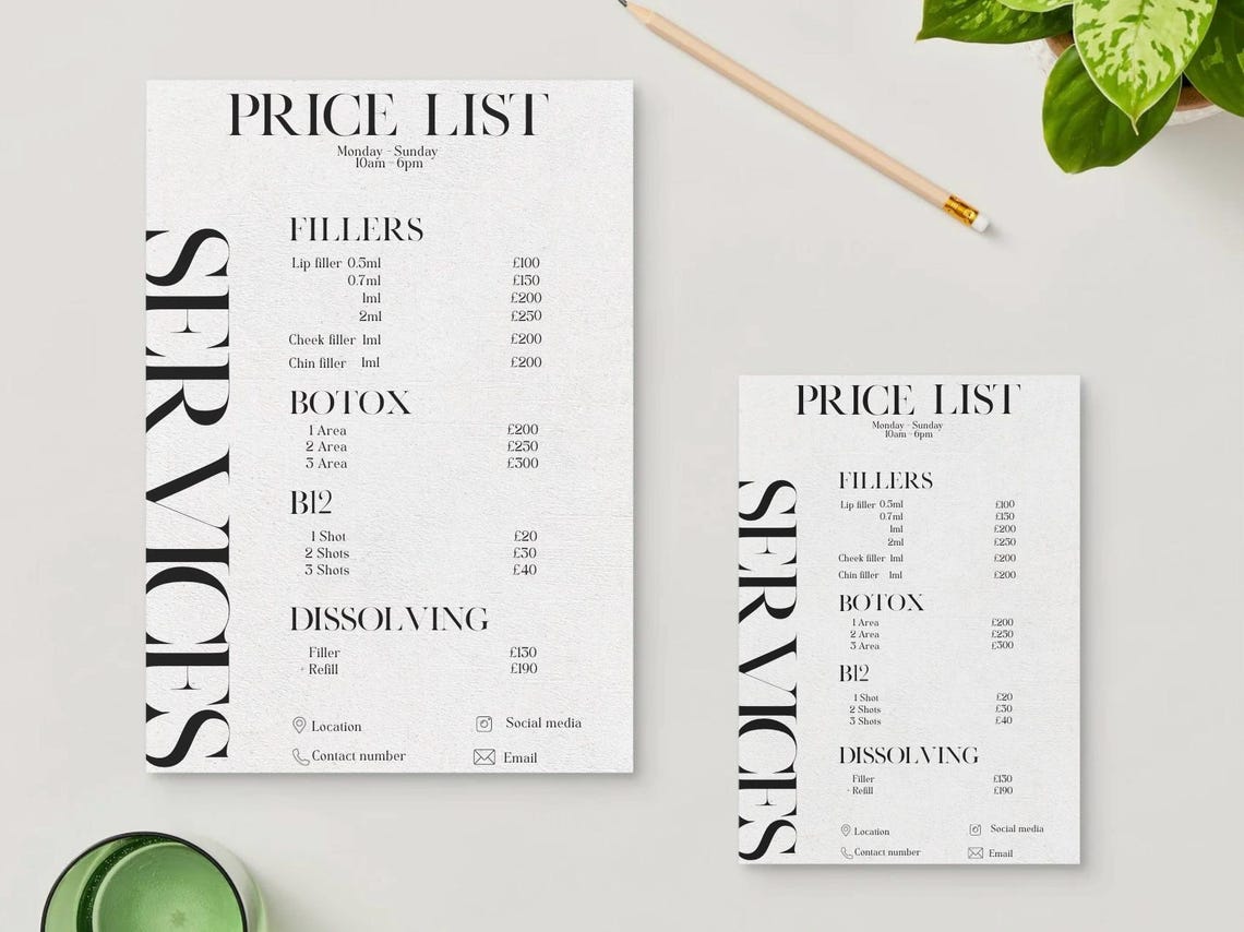 Price List Template Digital Instant Download Cream and Black Classy ...