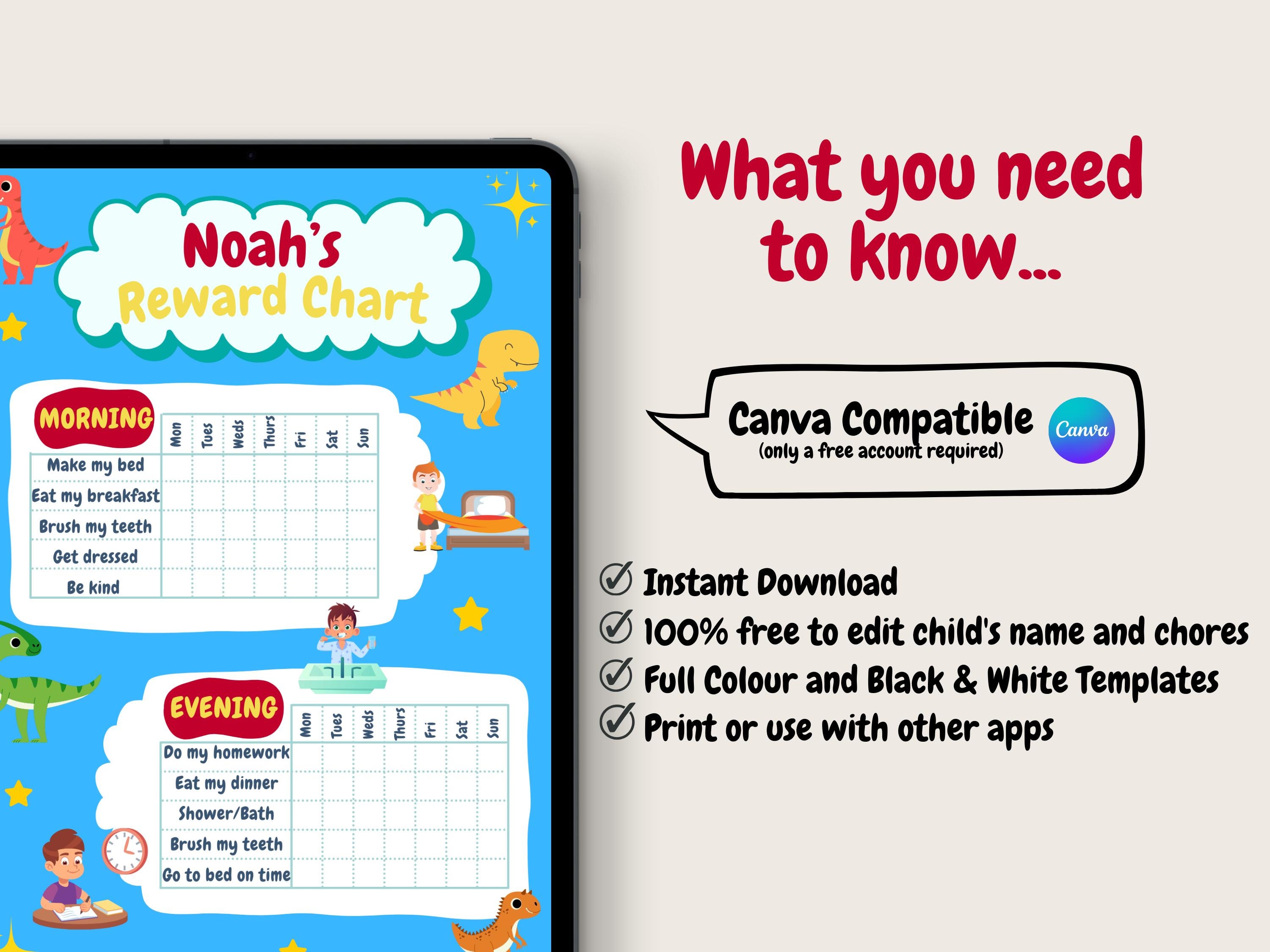 Dinosaur Reward Chart for Kids | Editable Chore Chart | Printable PDF ...