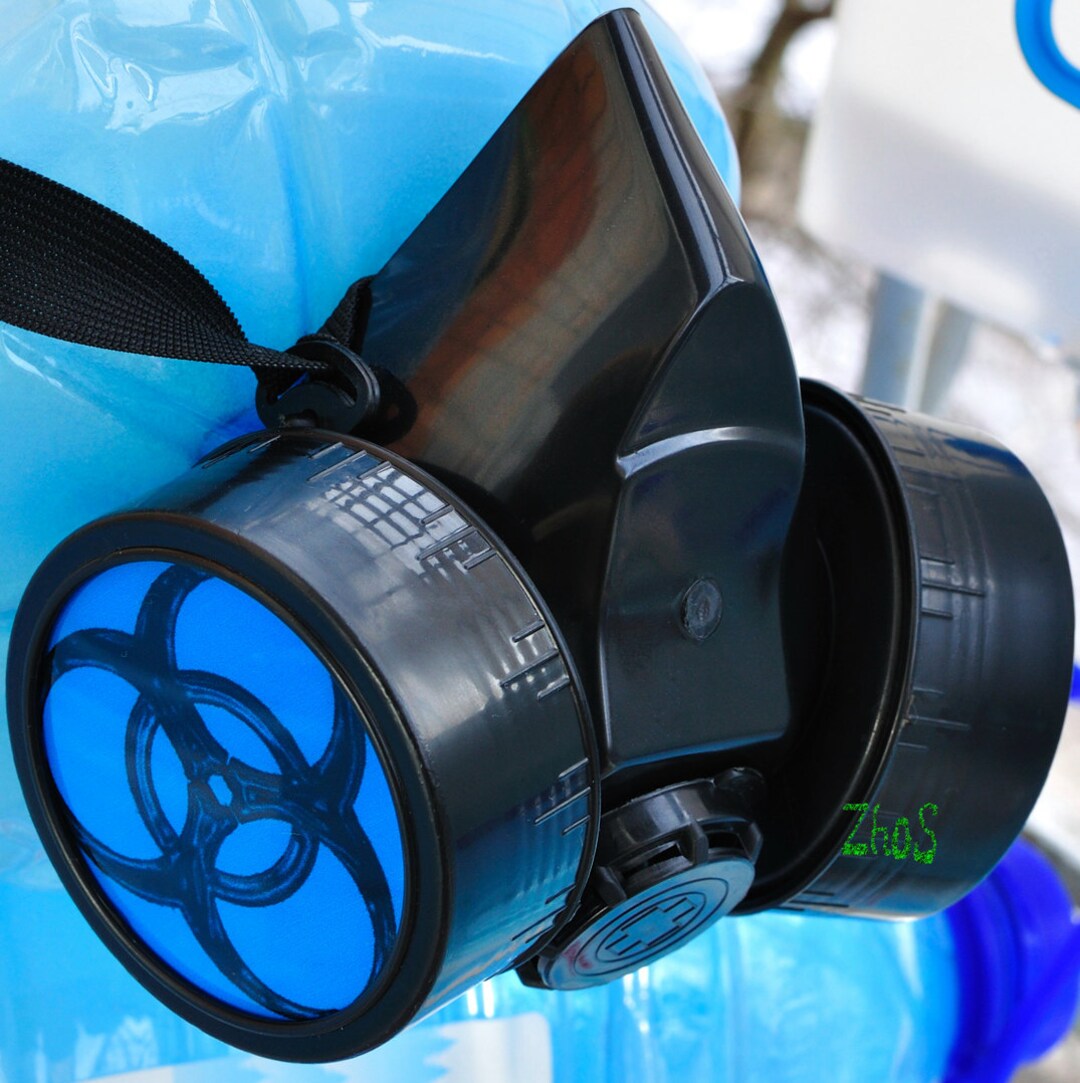 Cyber Mask Cybergoth Mask Black Gas Mask Blue BIOHAZARD Simbol Toxic ...