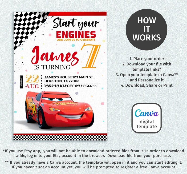 Cars Invitation, Lightning Mcqueen Invite, Printable Birthday Party ...