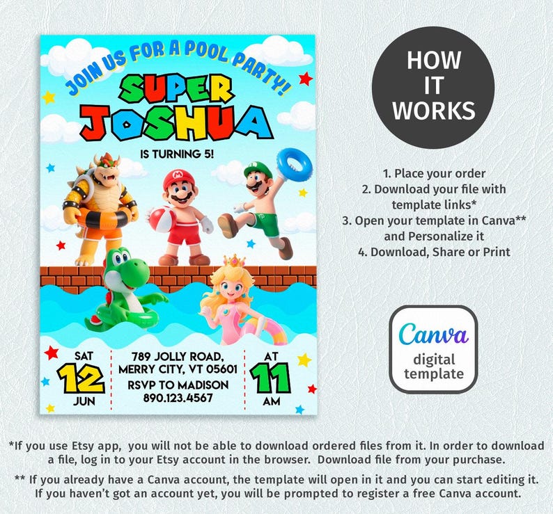 Mario Bros Invitation, Birthday Invite Boy Girl, Super Mario Pool Party ...