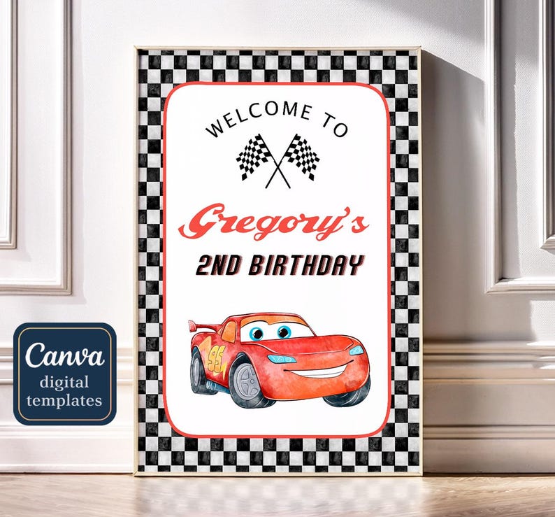 Lightning Mcqueen Welcome Sign, Cars 2nd Birthday Party Entrance Poster ...