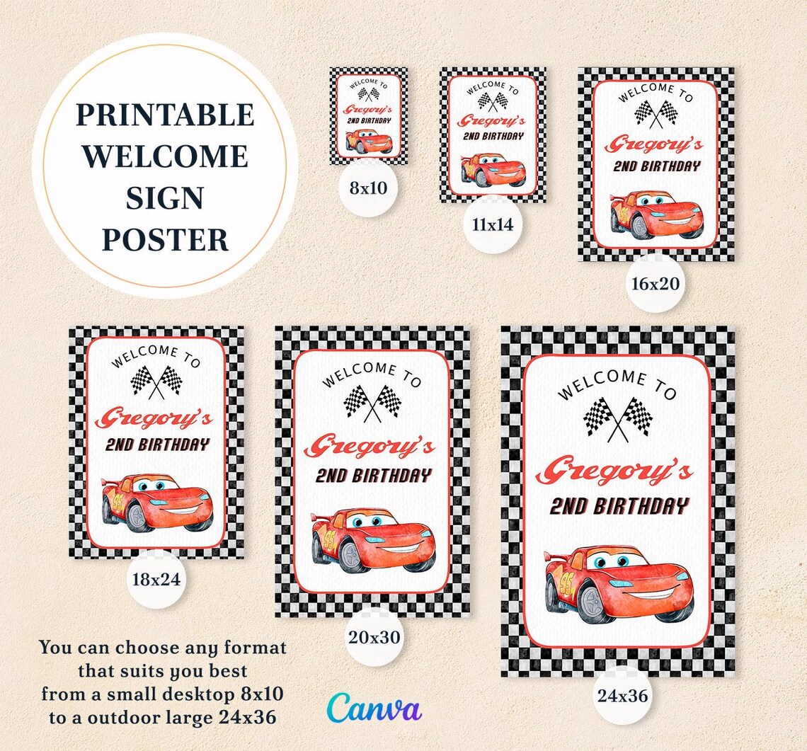 Lightning Mcqueen Welcome Sign, Cars 2nd Birthday Party Entrance Poster ...