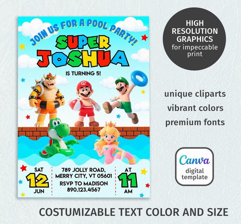 Mario Bros Invitation, Birthday Invite Boy Girl, Super Mario Pool Party ...