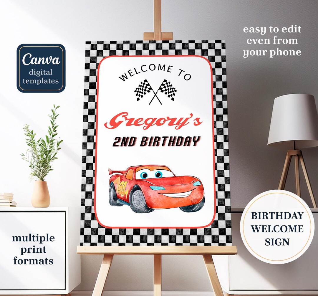 Lightning Mcqueen Welcome Sign, Cars 2nd Birthday Party Entrance Poster ...