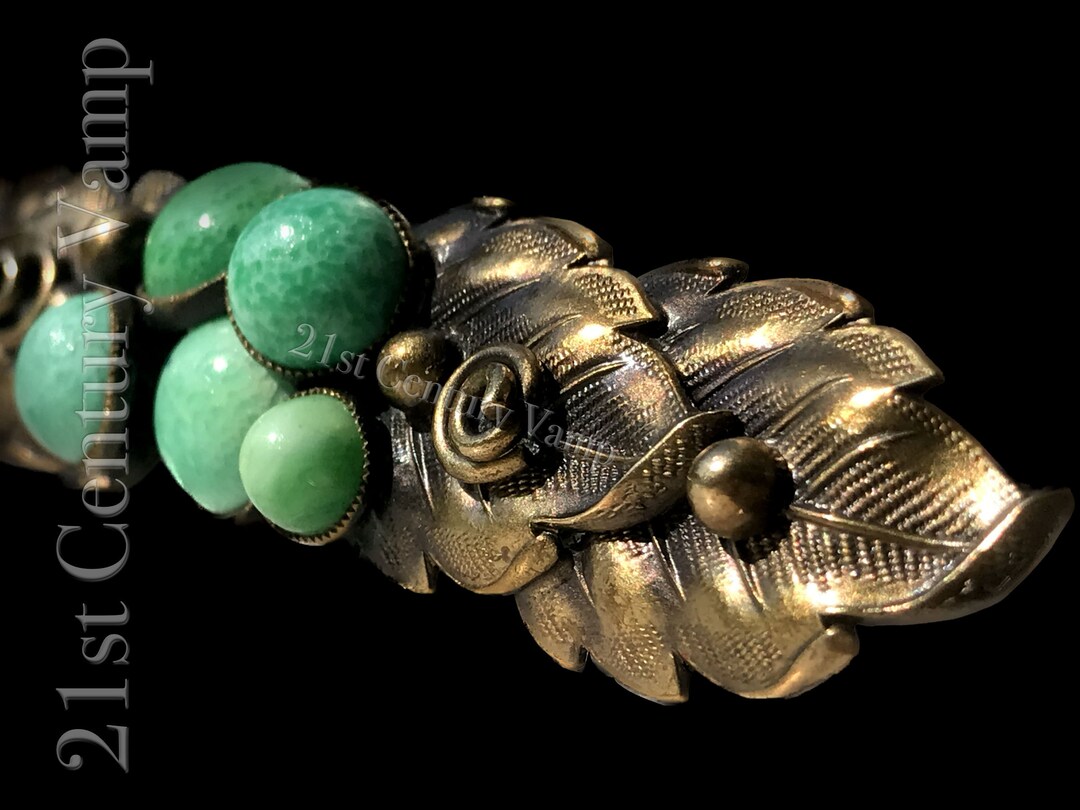 Neiger Brooch. Peking Style Glass. Brass Leaves, Coils. 1930s. 20s 30s ...