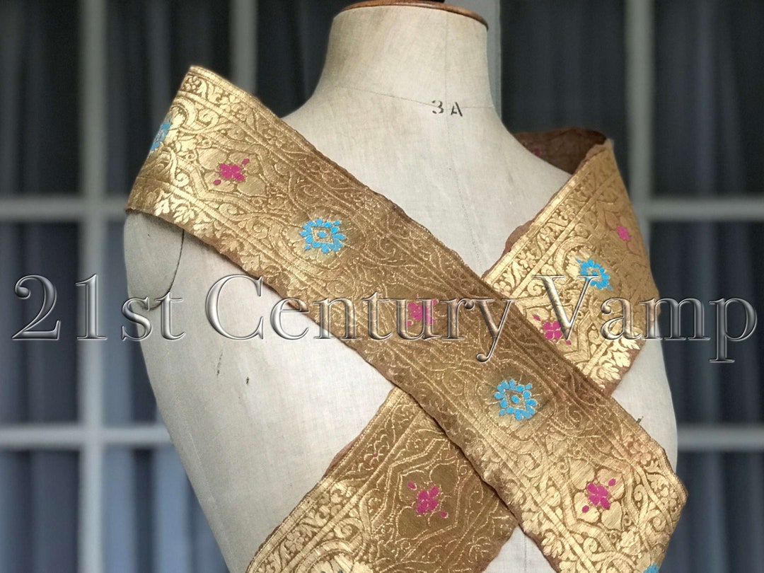 Antique Gold Thread Embroidered Trim. Metal. Floral. Lamé. Metallic ...