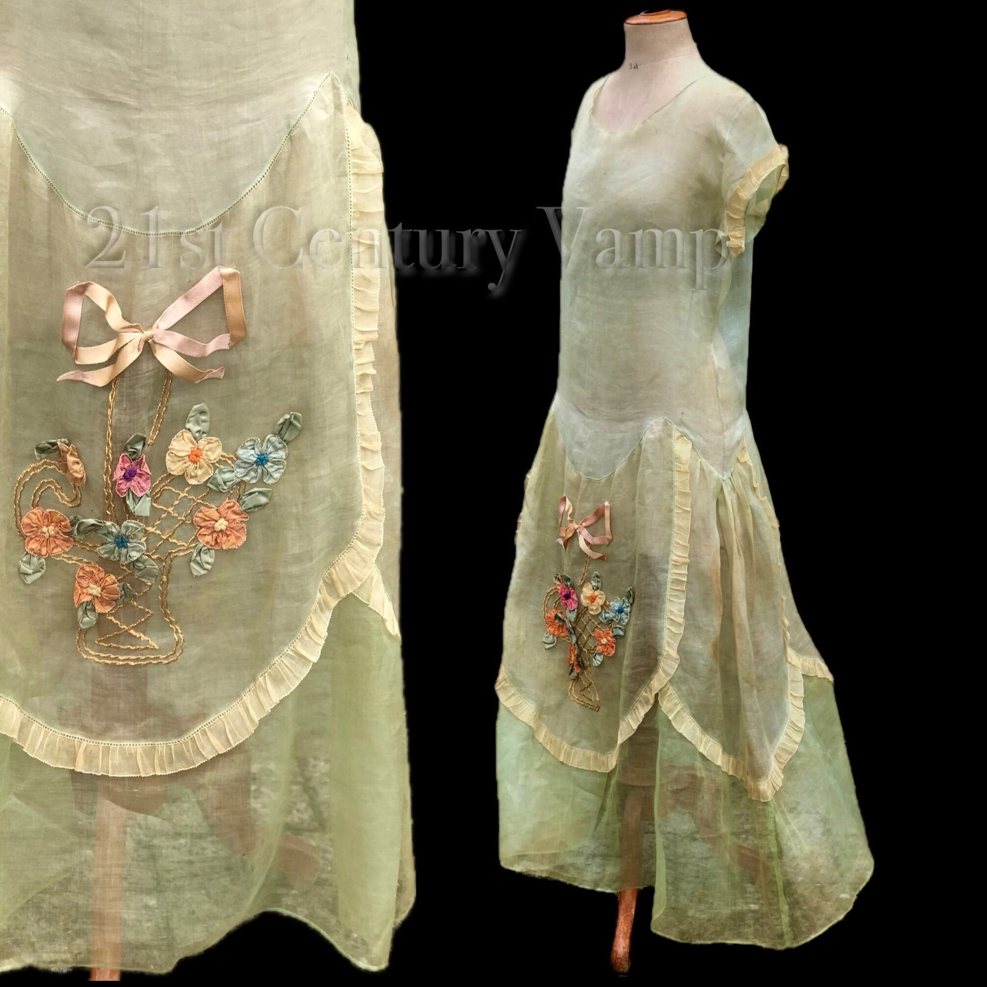 1920s Organdy Dress. Ribbonwork Embroidery. Historical Costume. Antique ...