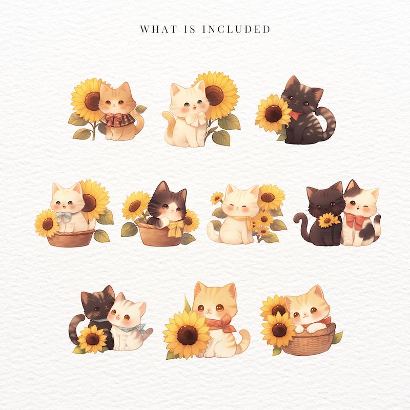 Sunflower Cat Clipart: Kawaii Kitten Stickers, Transparent PNG ...