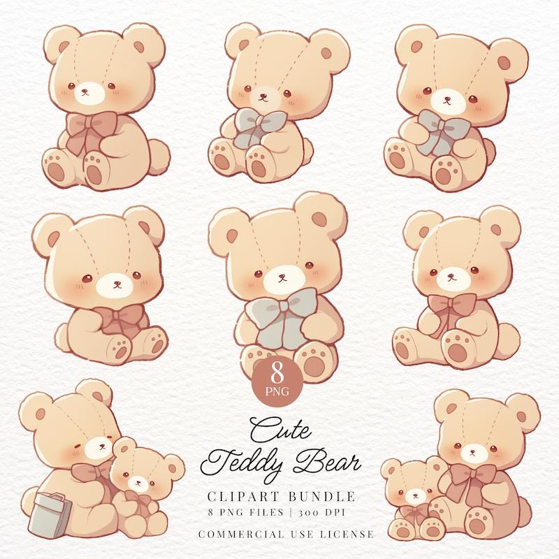 Kawaii Teddy Bear Clipart, PNG Stickers, Commercial Use (digital ...