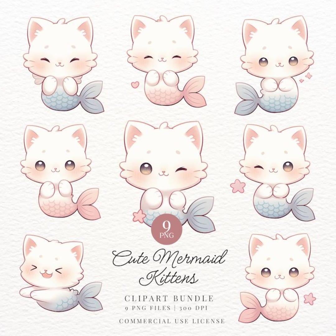 Cute Mermaid Kittens Clipart, Cat, Neko, Fantasy, Mermaid, Kawaii ...