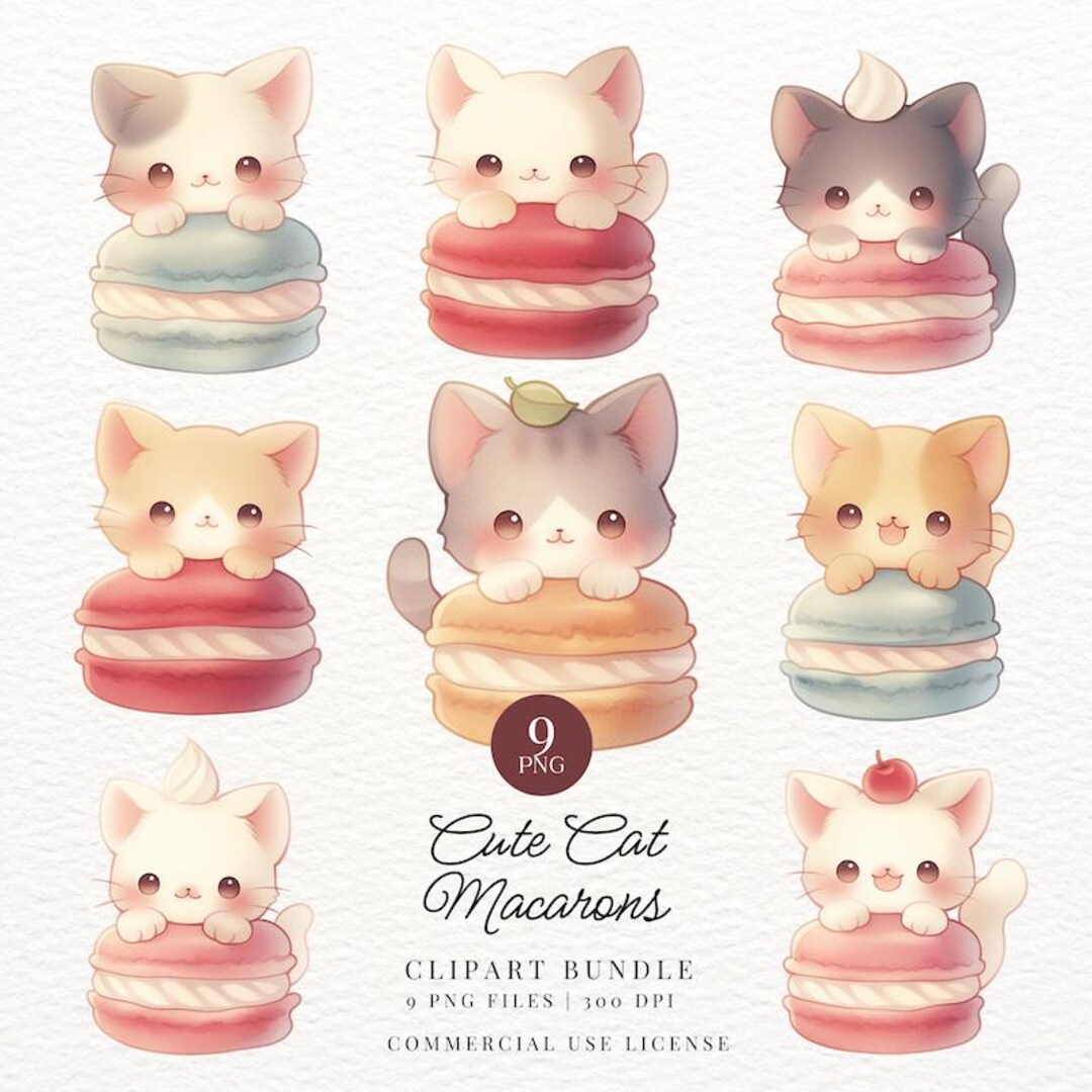 Cute Cat Macarons Clipart, Dessert, Tea Time, Kitten, Neko, Kawaii ...