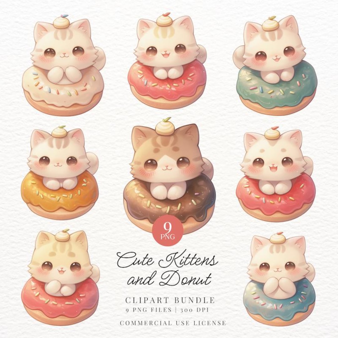 Cute Kittens and Donut Clipart, Dessert, Tea Time, Cat, Neko, Kawaii ...