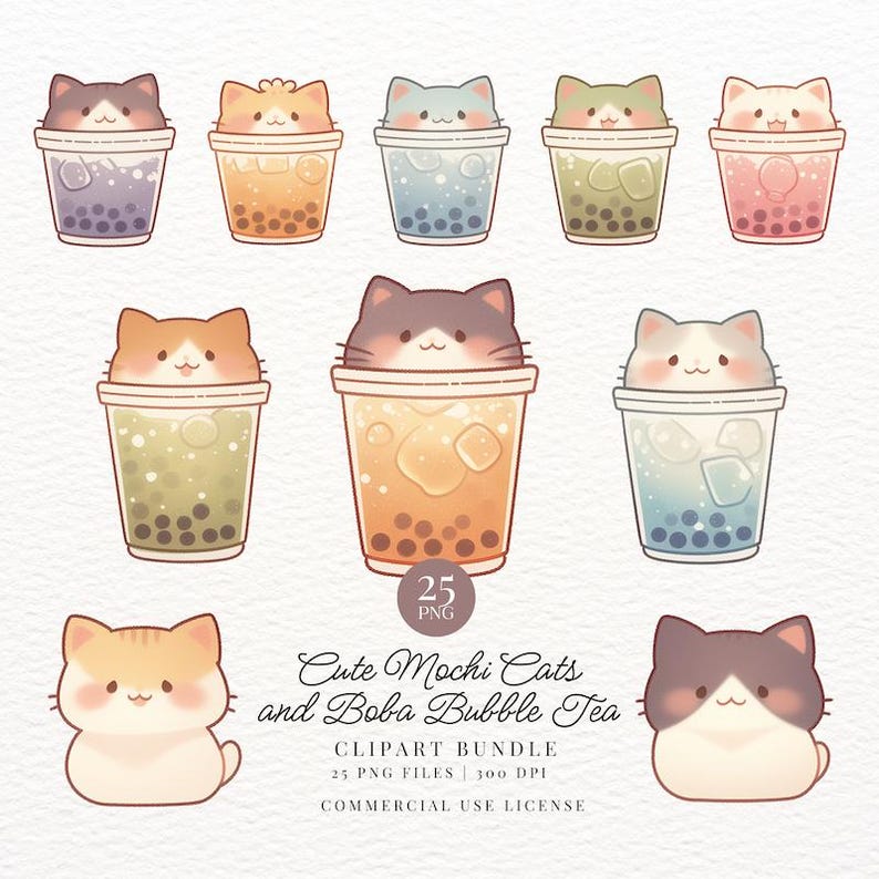 Kawaii Cat Boba Tea Clipart | Planner Stickers (PNG) - Etsy