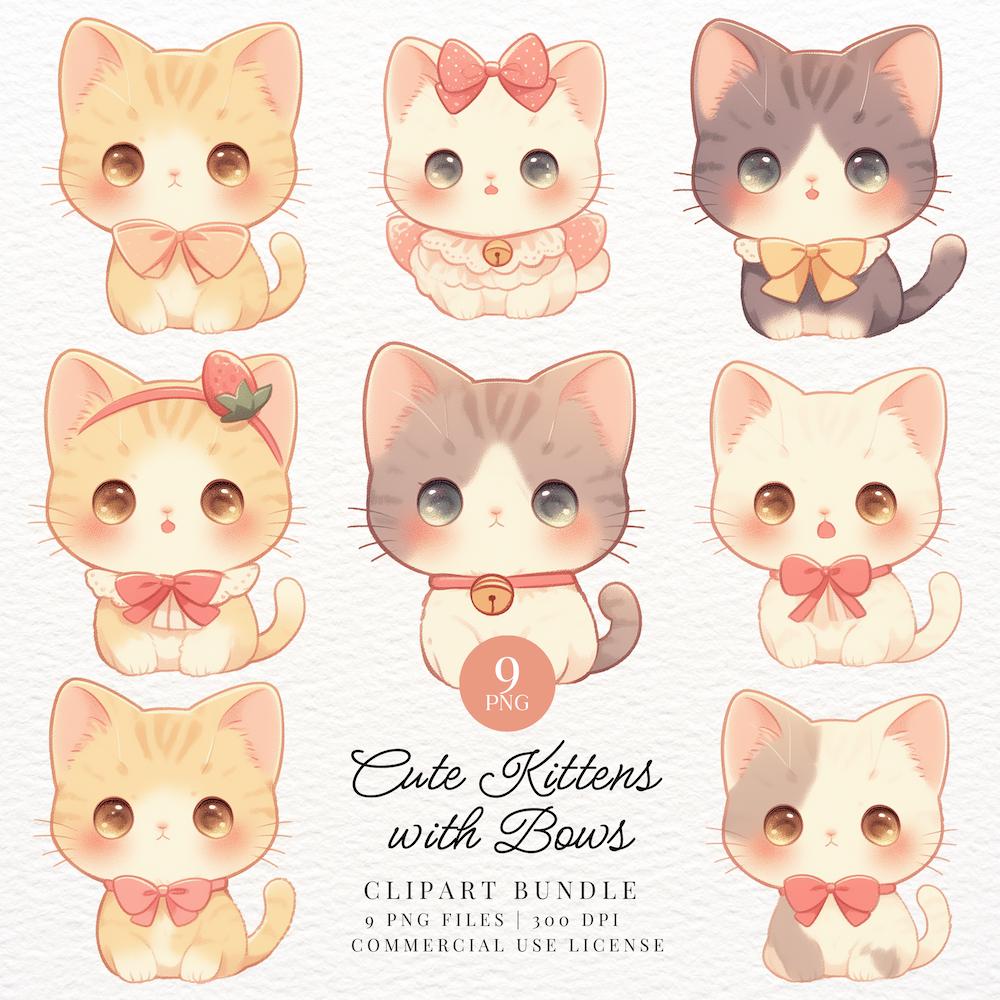 Kawaii Kitten Clipart, Bows, Transparent PNG (commercial Use) - Etsy