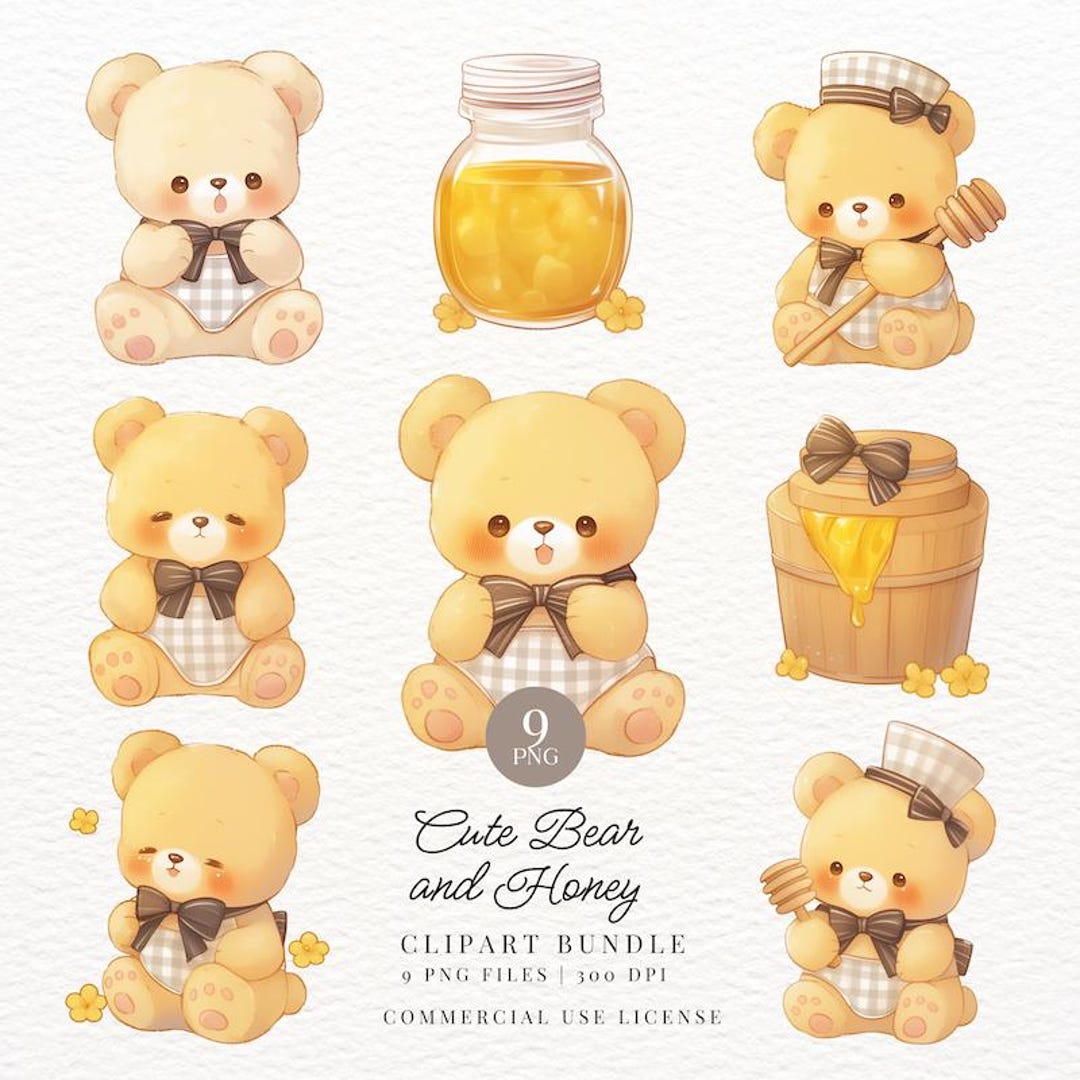 Teddy Bear & Honey Clipart: Kawaii PNG Stickers (commercial Use ...