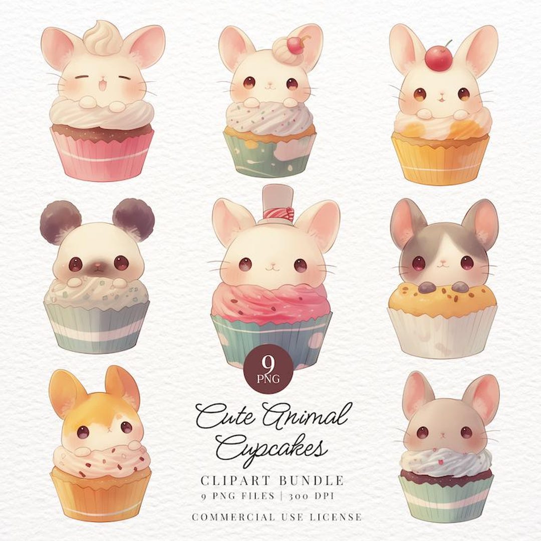 Kawaii Animal Cupcake Clipart, PNG Stickers (commercial Use) - Etsy
