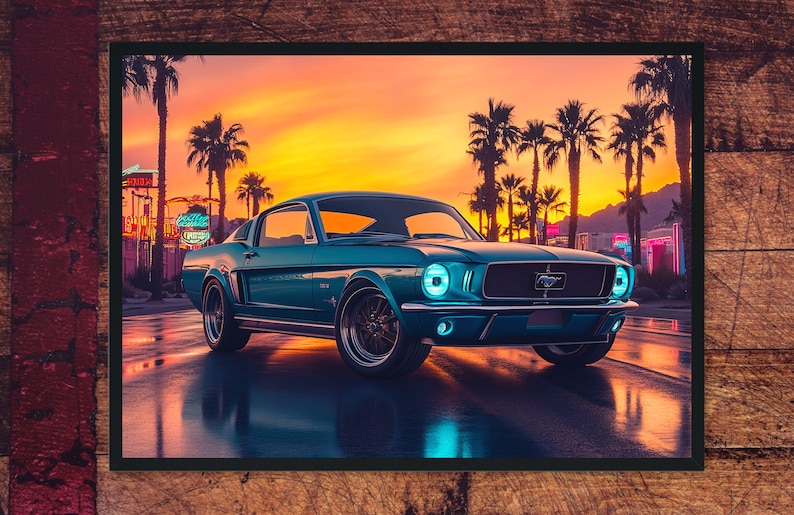 Vintage Blue Mustang Poster – Classic Car Art for Garage, Office, or ...