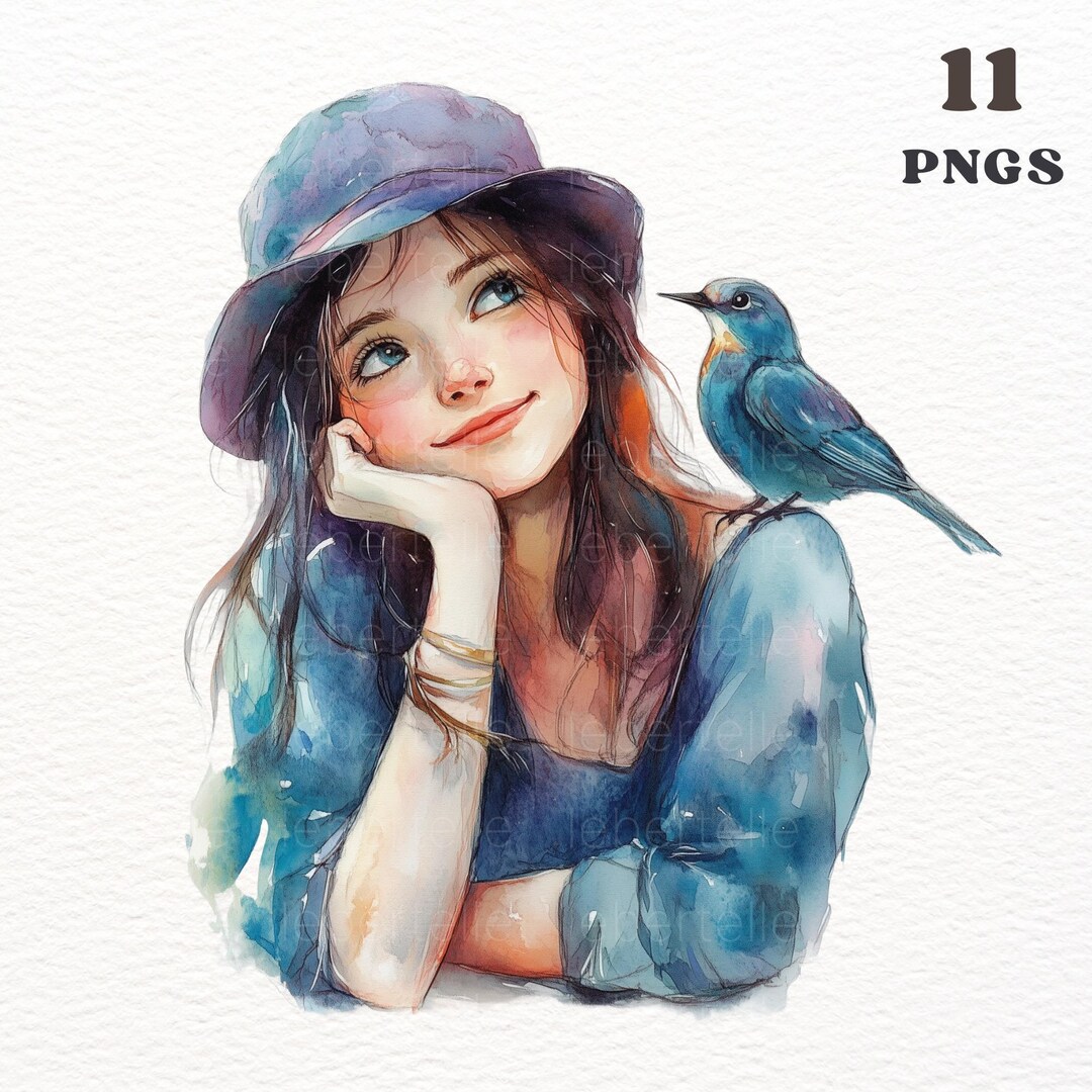 11 PNG Girls With Birds Clipart Watercolour Style Digital Stickers ...