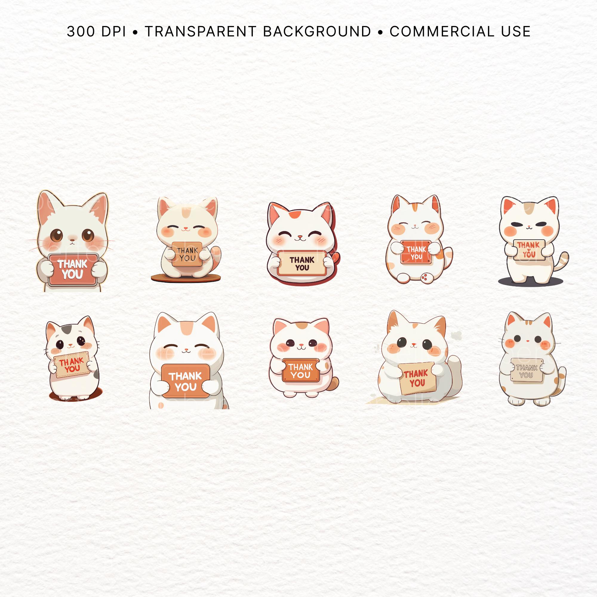 10 PNG Cats With Thank You Sign Clipart Cute Kawaii Style Digital ...