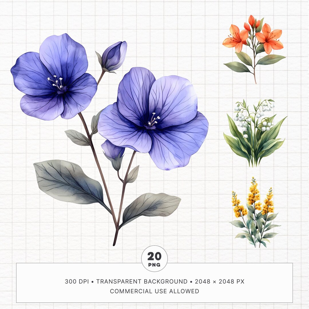 20 Watercolor Wildflowers Clipart Bundle, Printable Nature Flowers ...