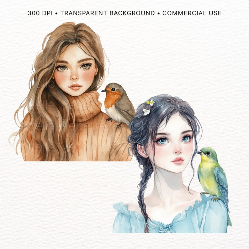11 PNG Girls With Birds Clipart Watercolour Style Digital Stickers ...