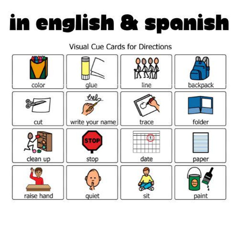 Visual Cue Cards for Classroom Directions in English and Spanish - Etsy
