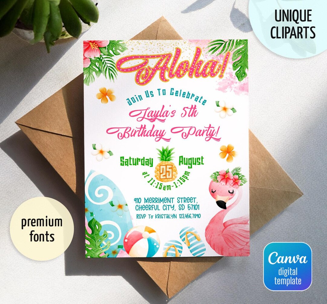Aloha Party Invitation, Luau Birthday, Printable Editable Girl Invite ...