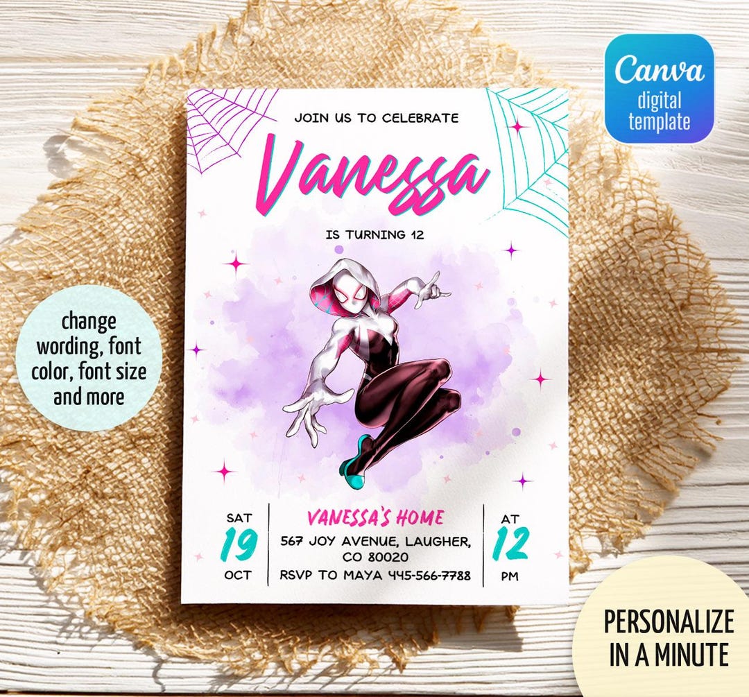 Gwen Birthday Invitation, Spider-verse Girl Birthday Invite, Editable ...