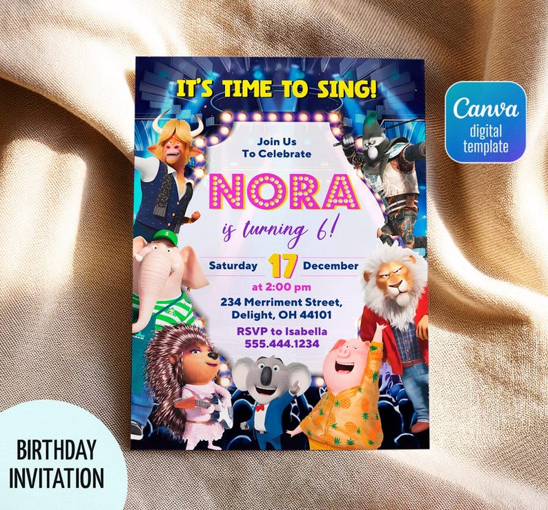 Editable Singer Invitation, Printable Sing 2 Birthday Invitation ...