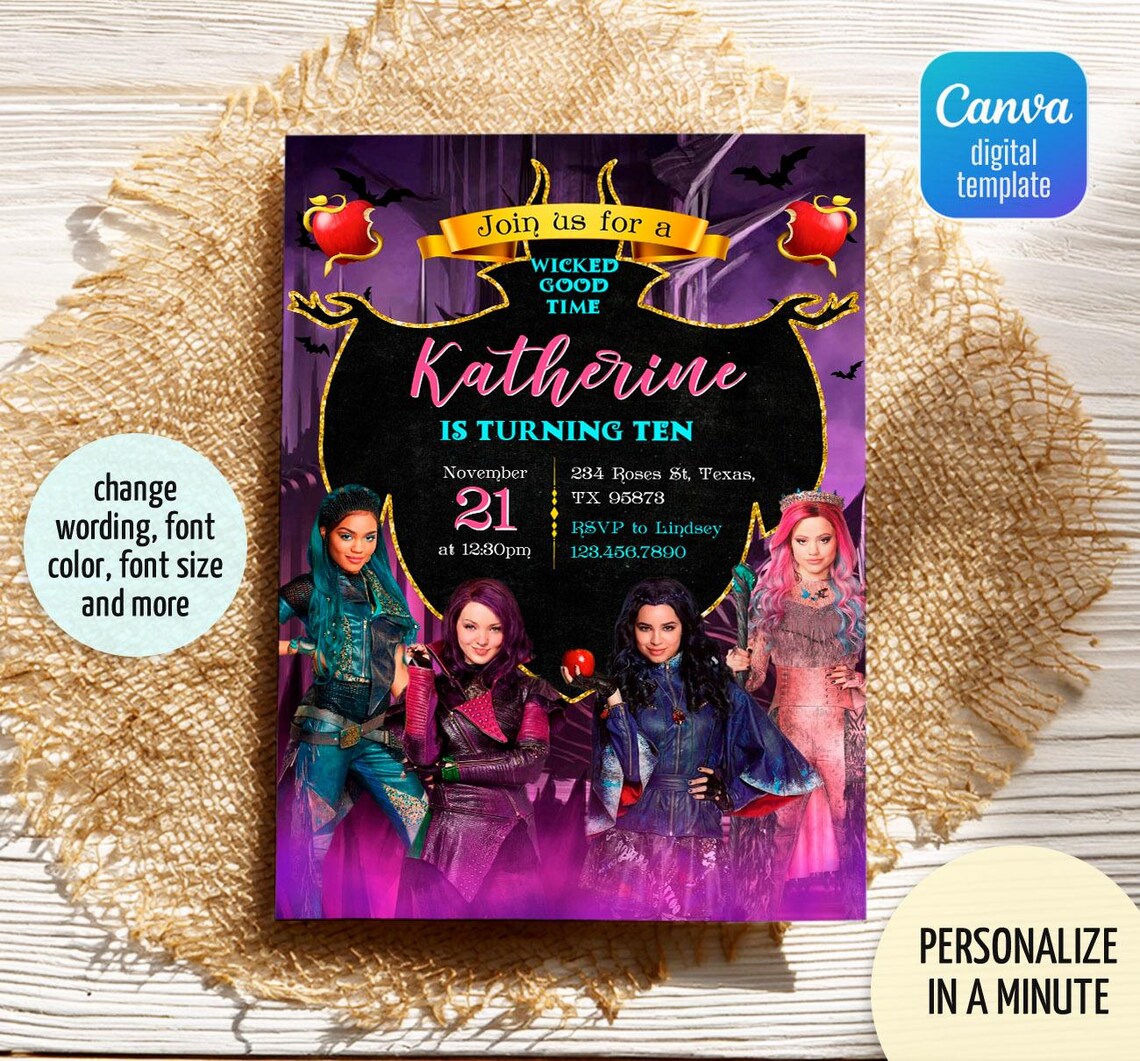 Descendants Invitation, Printable Editable Descendants Birthday Invite ...