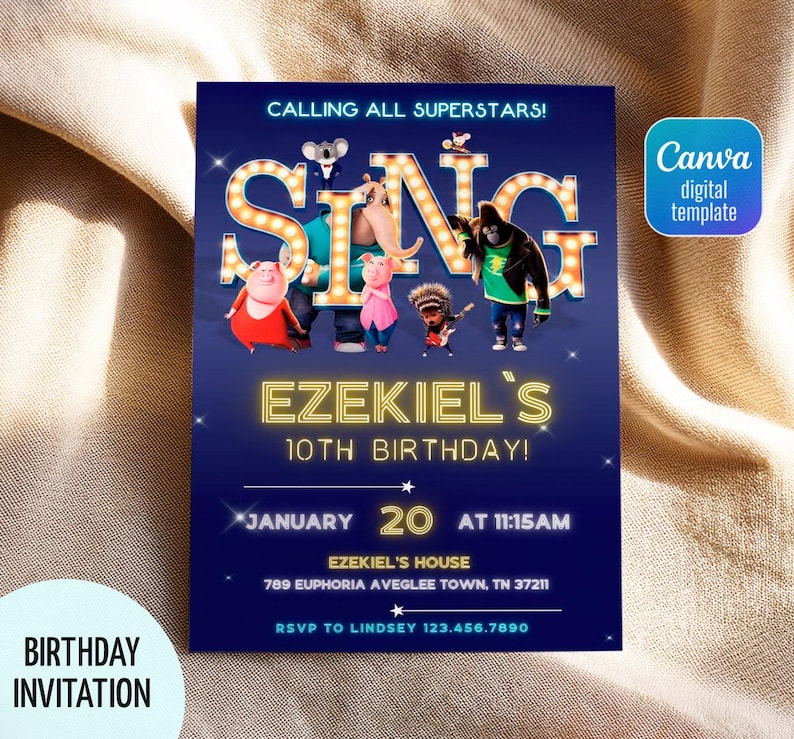 Editable Singer Invitation, Printable Sing 2 Birthday Invitation ...