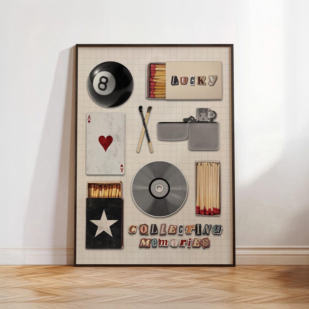 Vintage Matchbox Collage Printable Poster, Retro 8 Ball Print, Trendy ...
