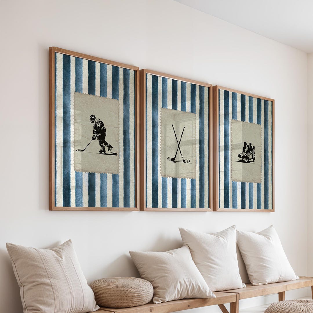 Set of 3 Vintage Hockey Posters, Retro Hockey Player Wall Art, Trendy ...
