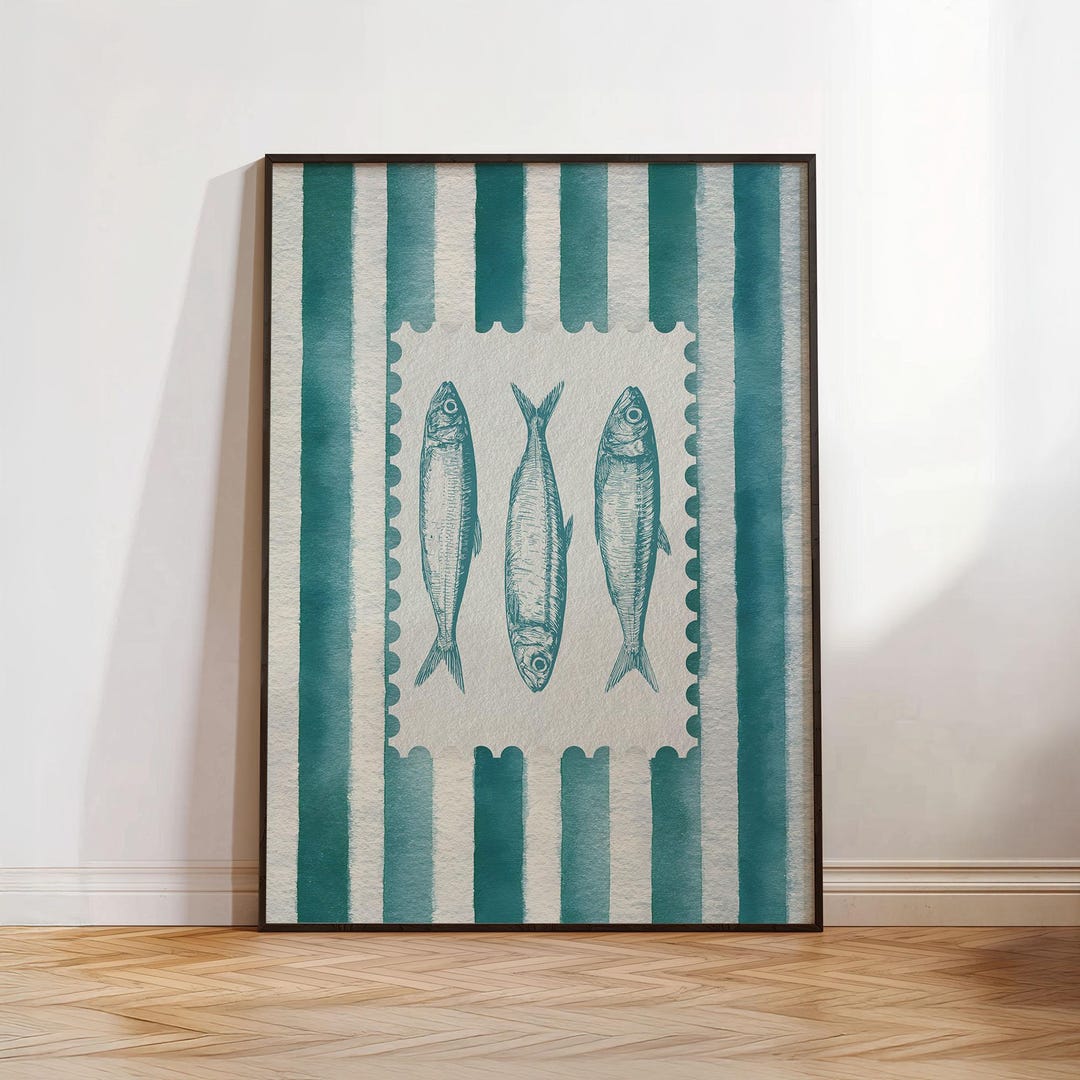 Vintage Sardine Stamp Wall Art, Trendy Blue Striped Printable Poster ...