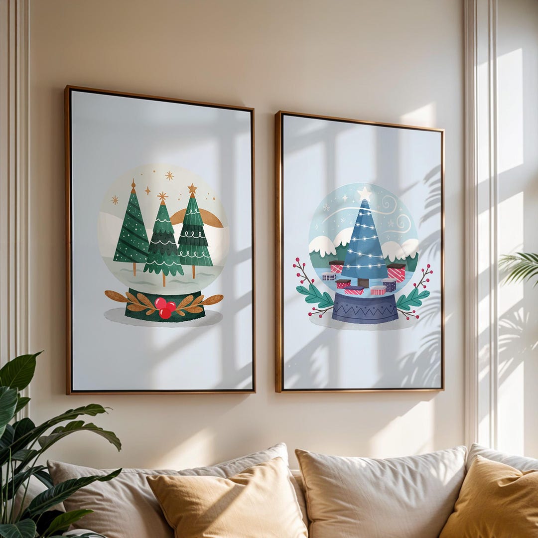 Set of 2 Snow Globe Wall Arts, Cozy Christmas Tree Prints, Holiday ...