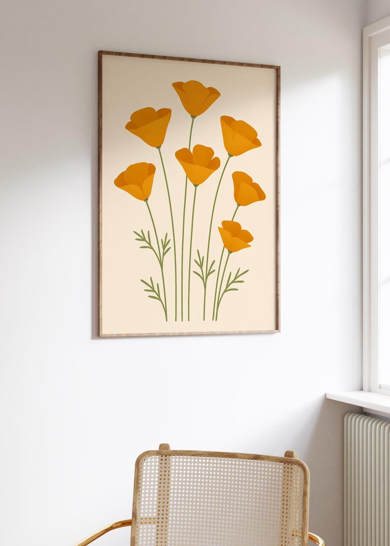 California Poppy Art Print: Minimalist Floral Poster, Soft Boho Decor ...
