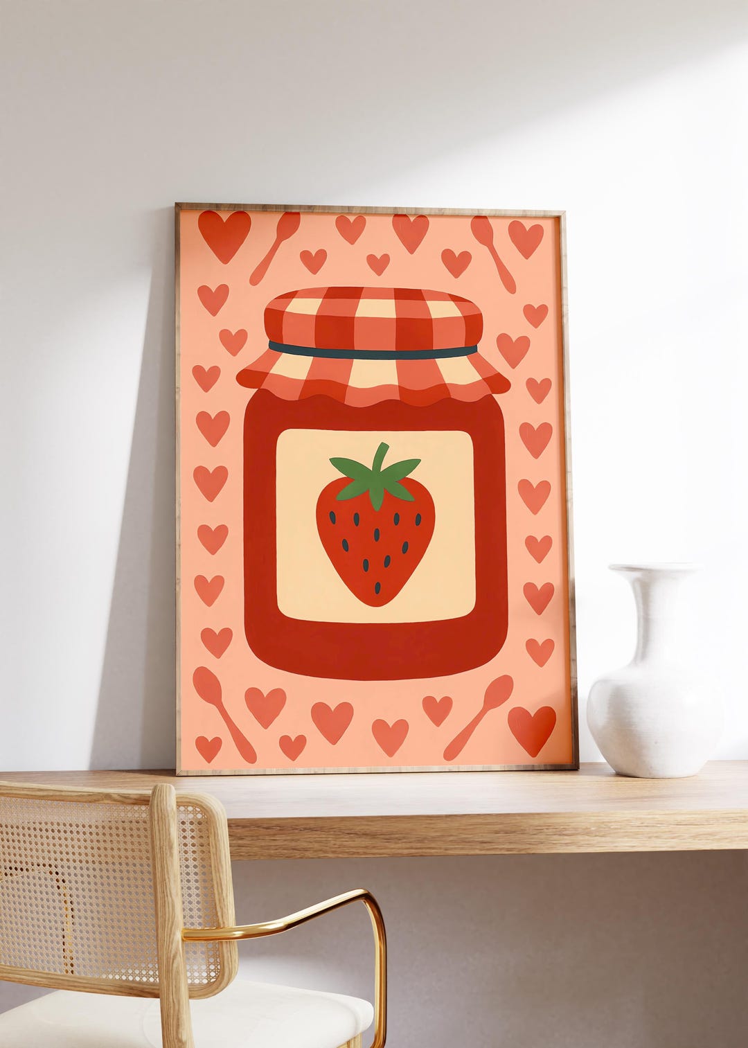 Strawberry Jam Print: Retro Kitchen Decor, Gingham Lid Art - Etsy