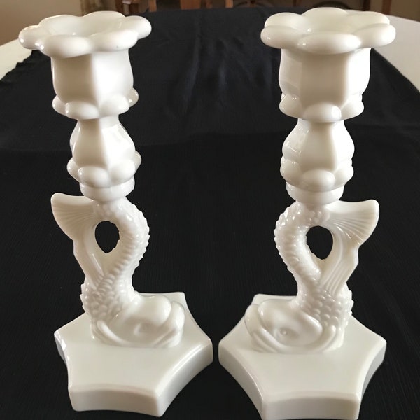 Milk Glass Dolphin Candlesticks - Etsy