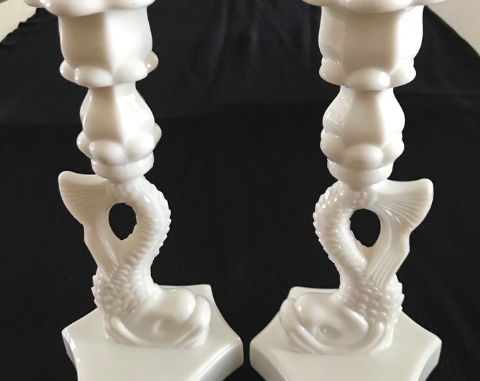 Vintage Pair Westmoreland Milk Glass Candlesticks Holders Dolphin ...