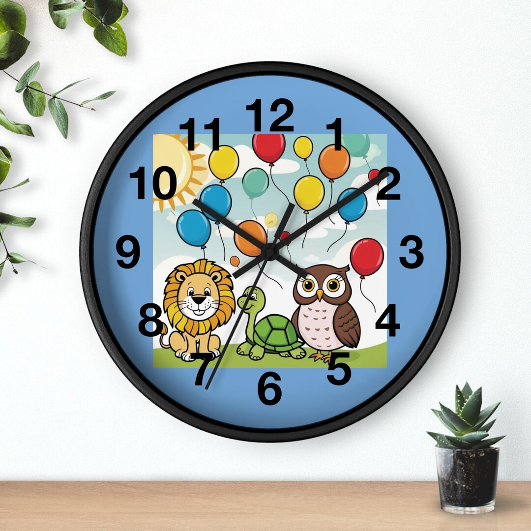Kids' Animal Party Wall Clock - Colorful Lion, Turtle, and Owl Design ...
